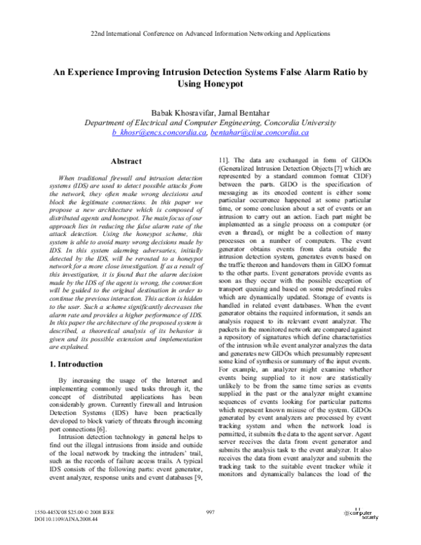 Pdf An Experience Improving Intrusion Detection Systems False Alarm Ratio By Using Honeypot