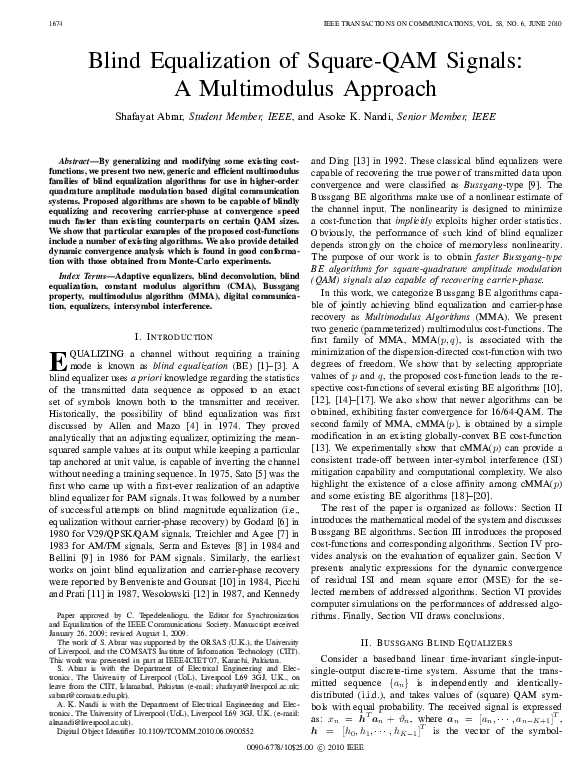 Pdf Blind Equalization Of Square Qam Signals A Multimodulus Approach 