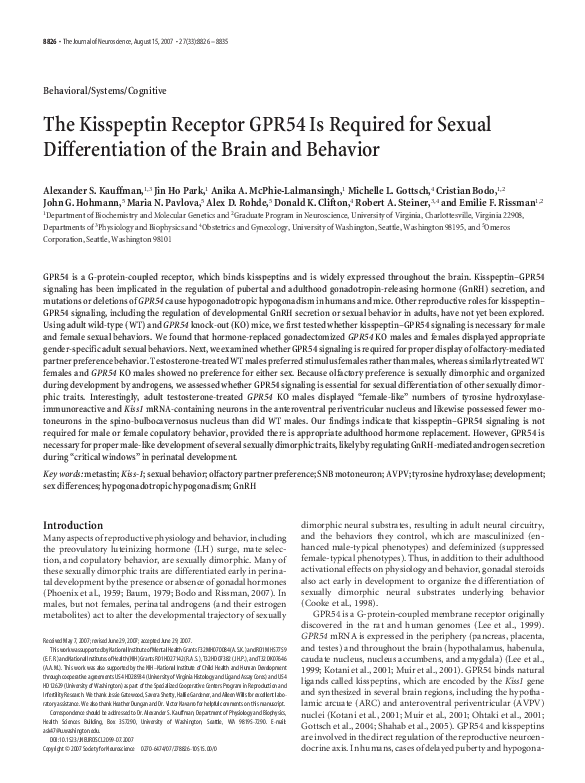 (PDF) The Kisspeptin Receptor GPR54 Is Required for Sexual ...