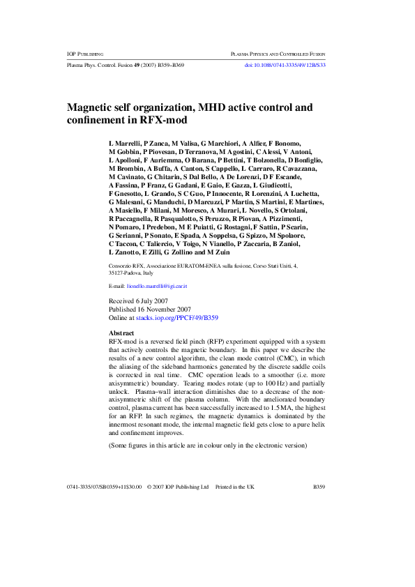 (PDF) Magnetic self organization, MHD active control and confinement in RFX-mod