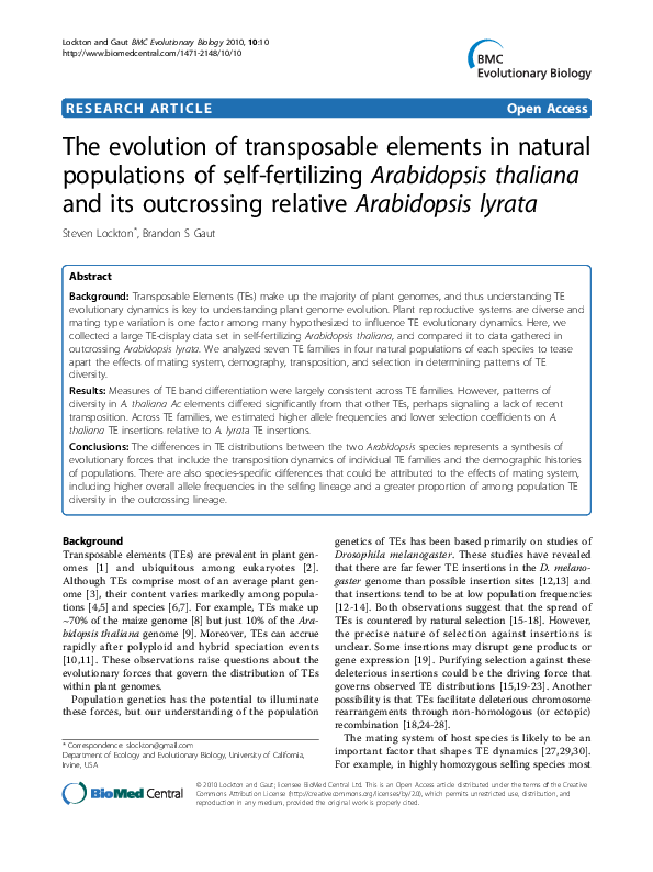 (PDF) TE Diversity in Selfing vs. Outcrossing Arabidopsis