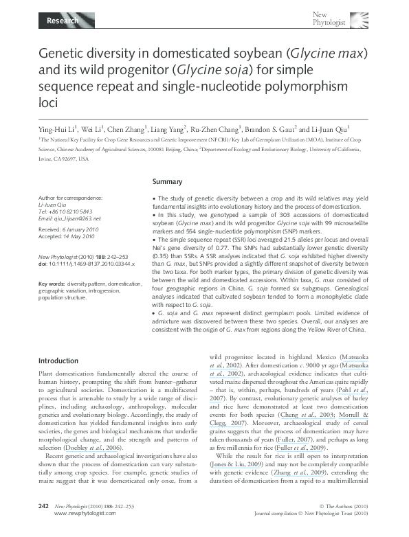 (PDF) Genetic diversity in domesticated soybean (Glycine max) and its wild progenitor (Glycine ...