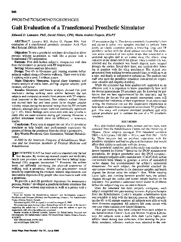 (PDF) Gait evaluation of a transfemoral prosthetic simulator