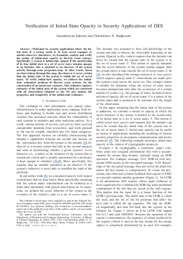 Pdf Verification Of Initial State Opacity In Security Applications Of Discrete Event Systems