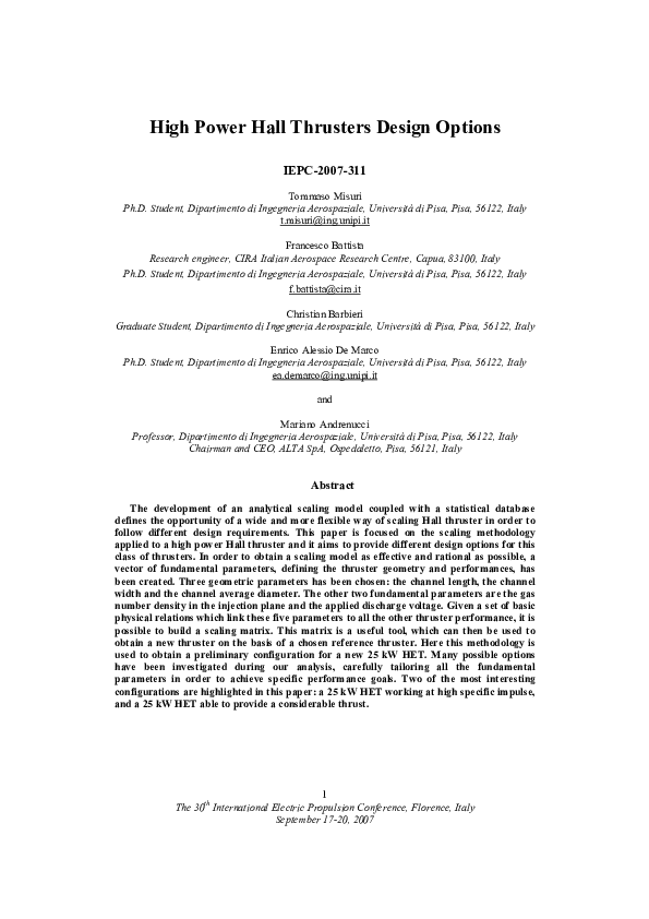 (PDF) High Power Hall Thrusters Design Options