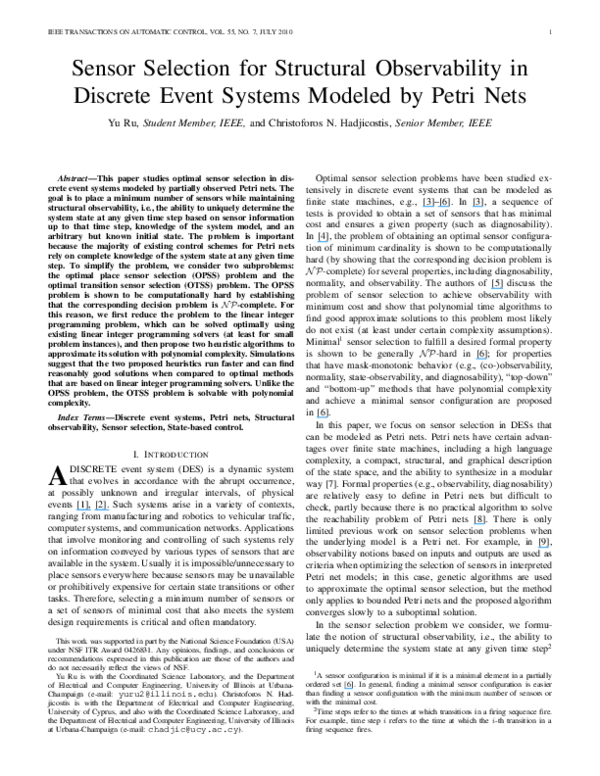 (PDF) Sensor Selection for Structural Observability in Discrete Event Systems Modeled by Petri Nets