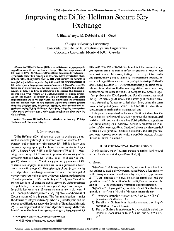 (PDF) Improving the Diffie-Hellman Secure Key Exchange