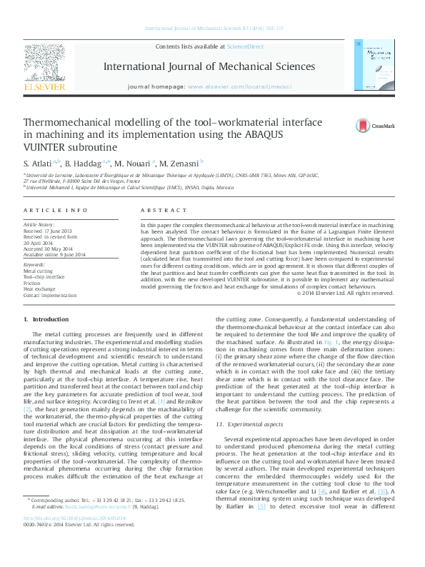 (PDF) Thermomechanical modelling of the tool–workmaterial interface in machining and its ...