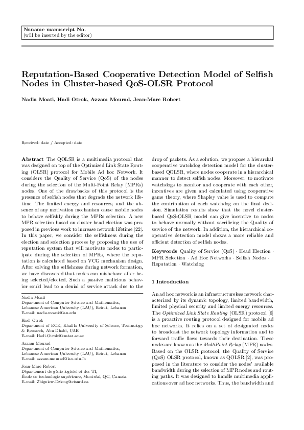 (PDF) Reputation-based cooperative detection model of selfish nodes in cluster-based QoS-OLSR ...