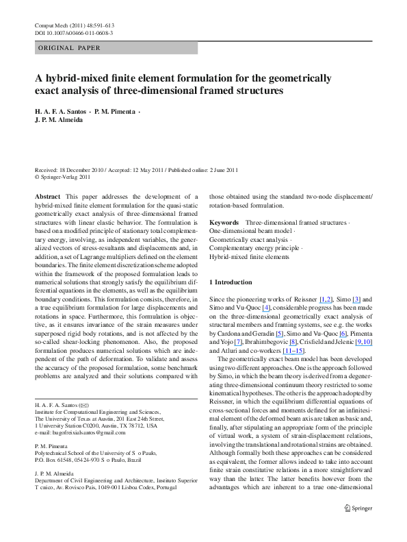 Pdf A Hybrid Mixed Finite Element Formulation For The Geometrically