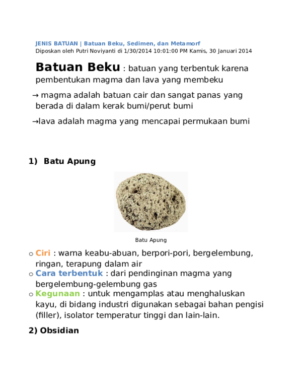(DOC) JENIS BATUAN Batuan Beku, Sedimen, dan Metamorf