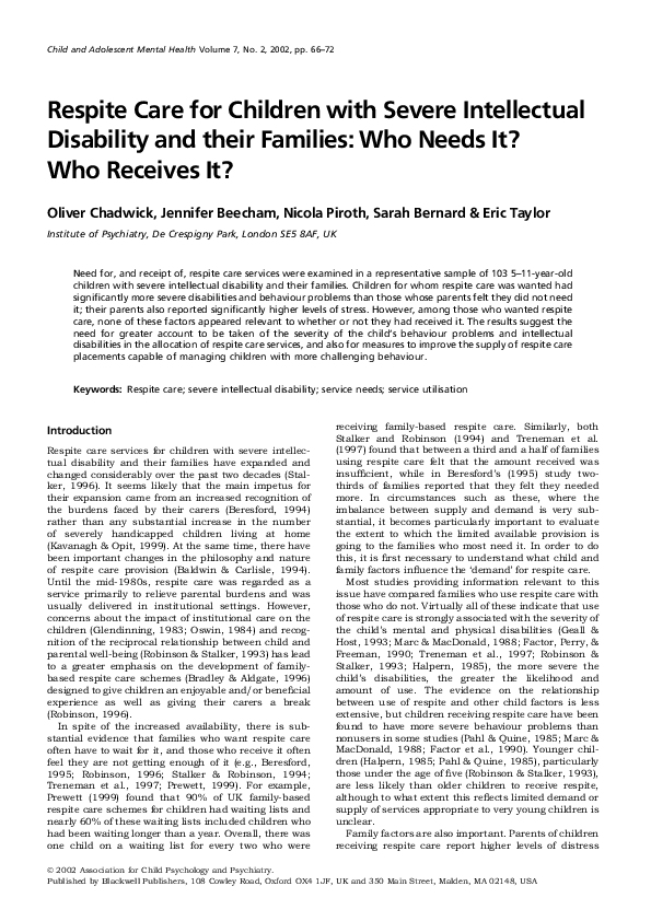 (PDF) Respite Care for Children with Severe Intellectual Disability and ...