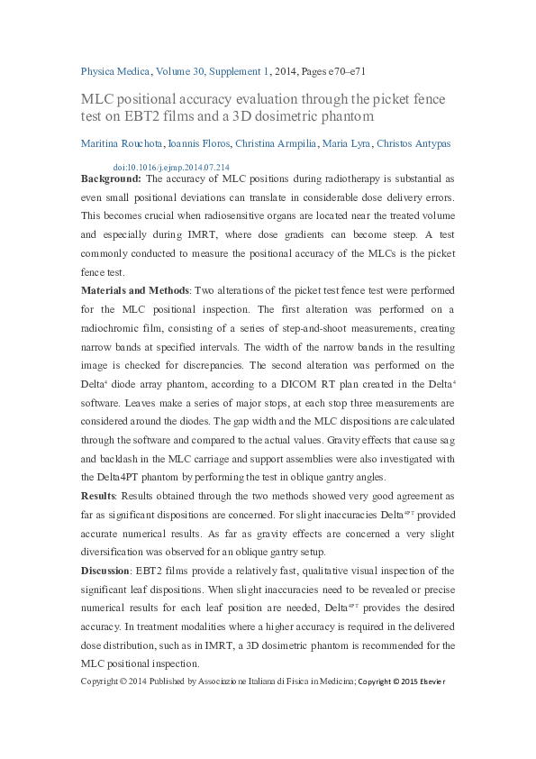 (PDF) MLC positional accuracy evaluation through the picket fence test ...