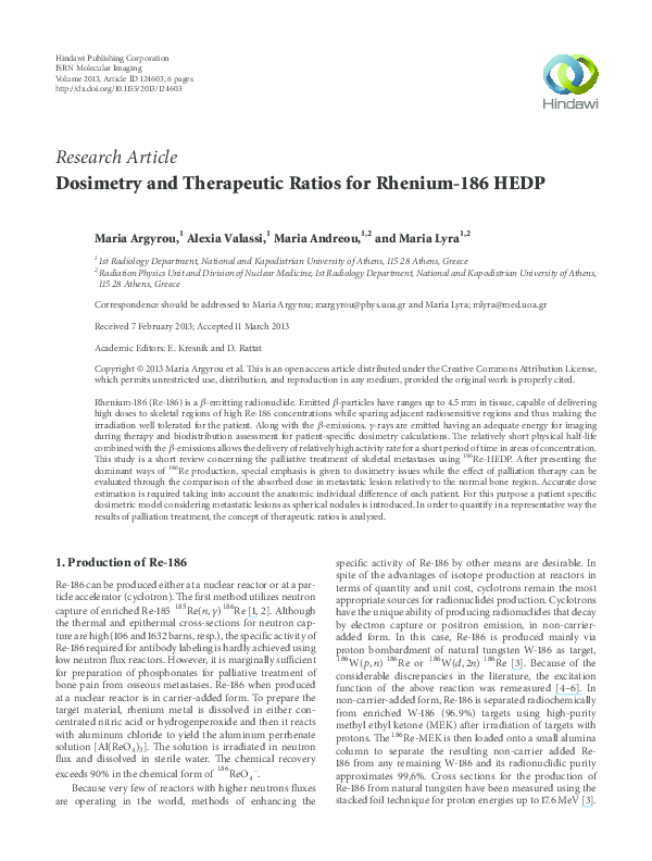 (PDF) Dosimetry and Therapeutic Ratios for Rhenium-186 HEDP