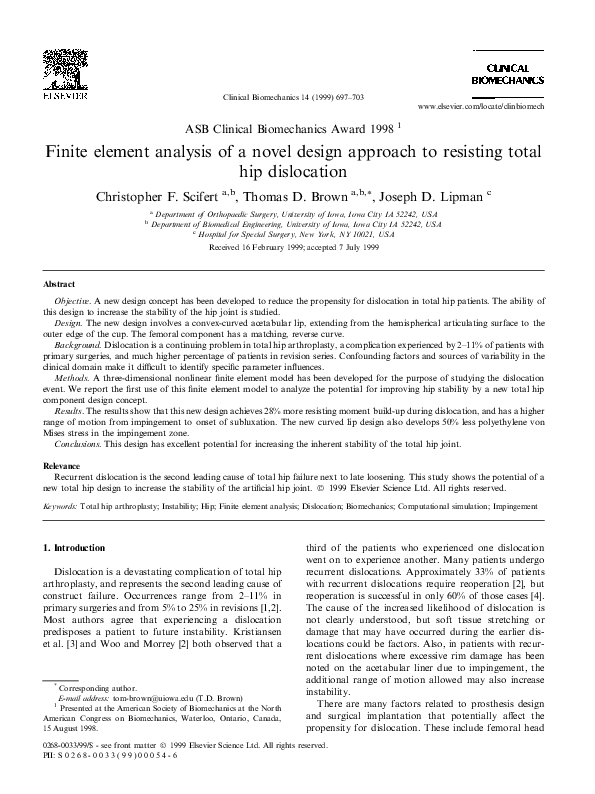 (PDF) Finite element analysis of a novel design approach to resisting total hip dislocation