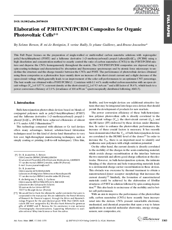 (PDF) Elaboration of P3HT/CNT/PCBM Composites for Organic Photovoltaic ...