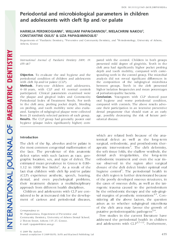 (PDF) Periodontal and microbiological parameters in children and adolescents with cleft lip and ...