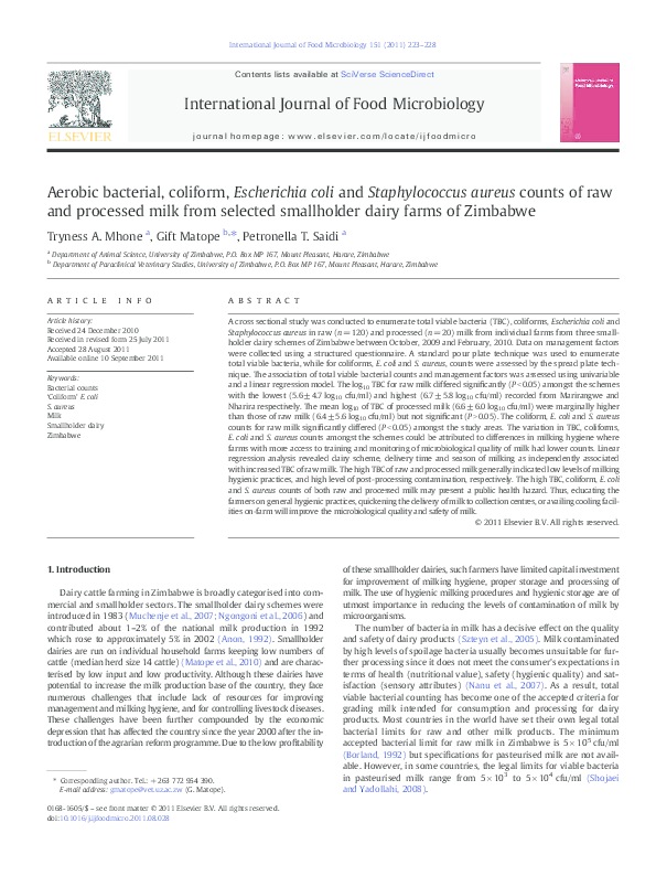 (PDF) Aerobic bacterial, coliform, Escherichia coli and Staphylococcus aureus counts of raw and ...