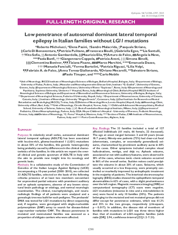 (PDF) Low penetrance of autosomal dominant lateral temporal epilepsy in Italian families without ...