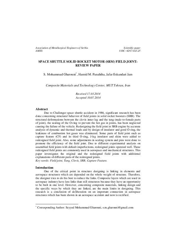 (PDF) SPACE SHUTTLE SOLID ROCKET MOTOR (SRM) FIELD JOINT: REVIEW PAPER