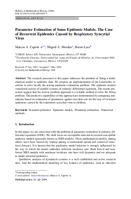 (PDF) Parameter Estimation of Some Epidemic Models. The Case of Recurrent Epidemics Caused by ...