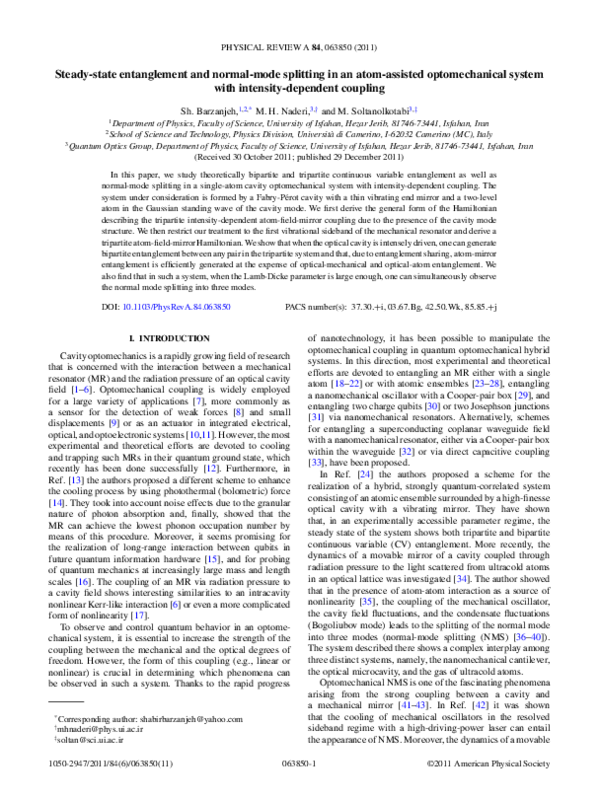 (PDF) Steady-state entanglement and normal-mode splitting in an atom ...