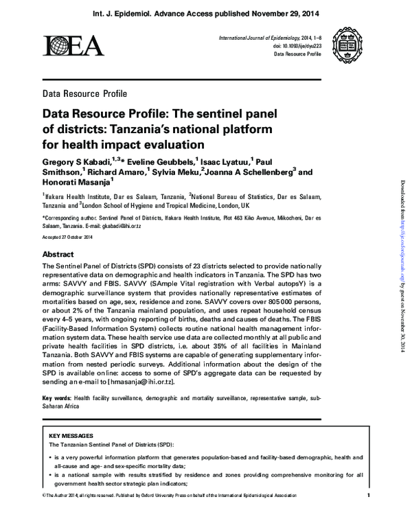 (PDF) Data Resource Profile: The sentinel panel of districts: Tanzania's national platform for ...