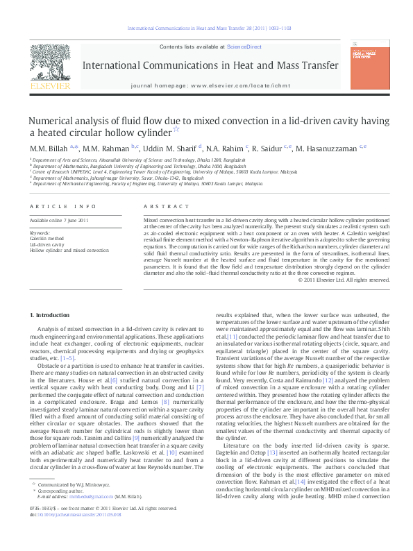 Pdf Numerical Analysis Of Fluid Flow Due To Mixed Convection In A Lid
