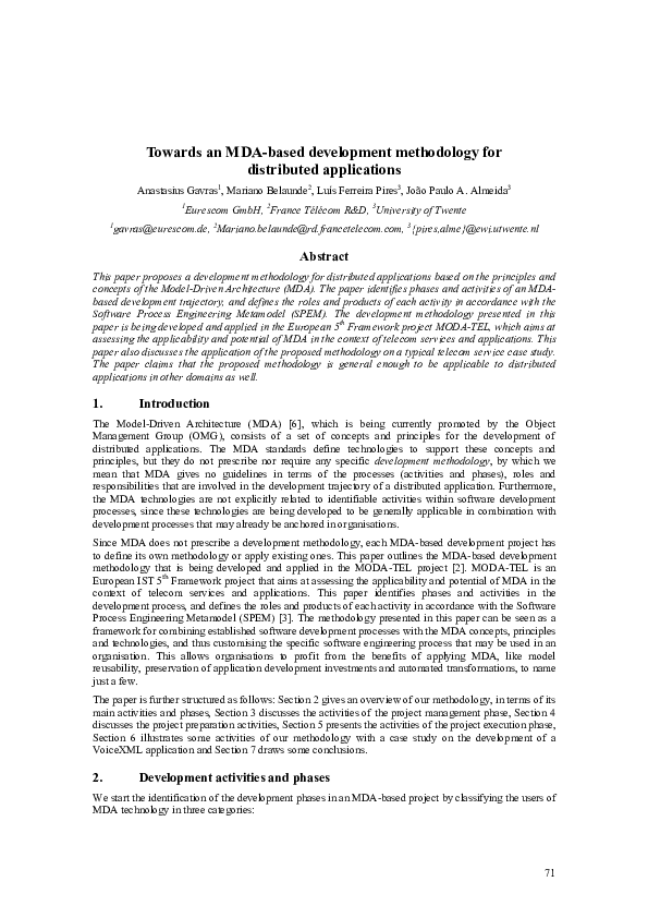 Pdf Towards An Mda Based Development Methodology For Distributed Applications