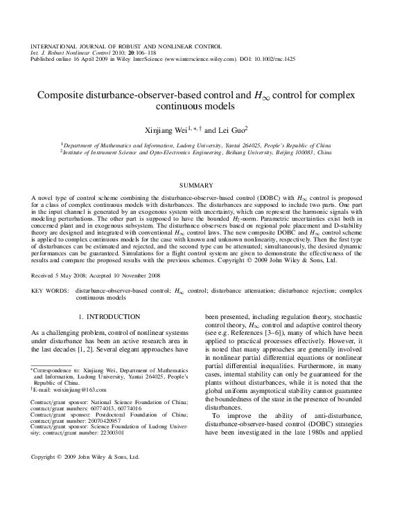 Pdf Composite Disturbance Observer Based Control And H∞ Control For Time Delay Systems With