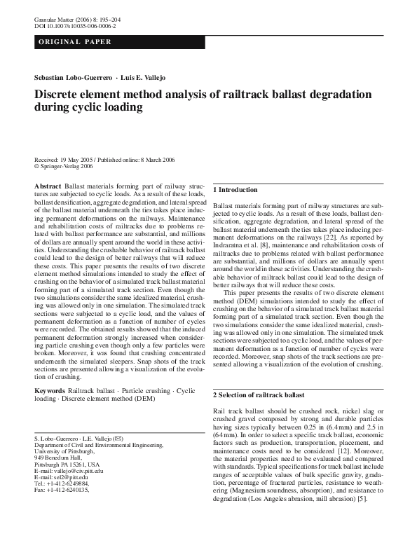 Pdf Discrete Element Method Analysis Of Railtrack Ballast Degradation