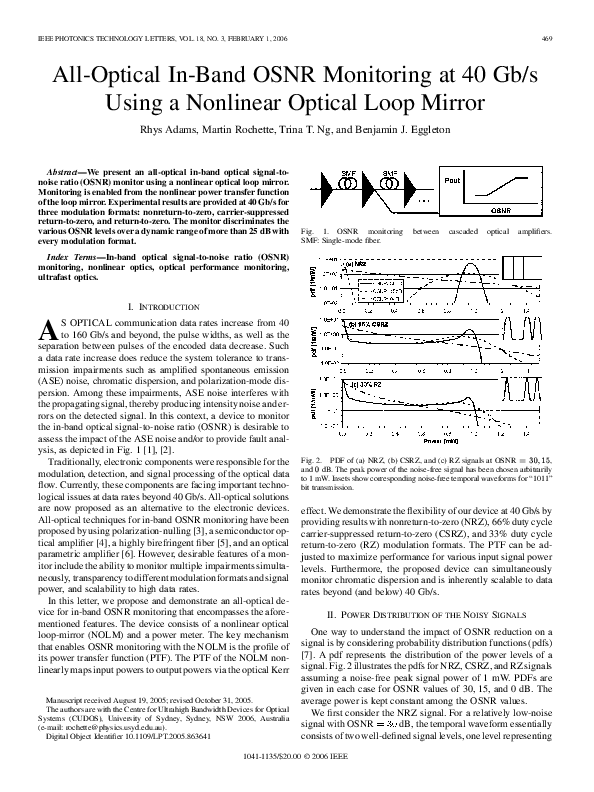 Pdf All Optical In Band Osnr Monitoring At 40 Gb S Using A Nonlinear