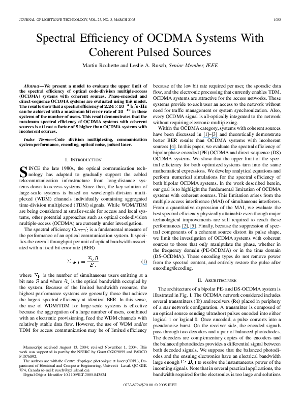 Pdf Spectral Efficiency Of Ocdma Systems With Coherent Pulsed Sources
