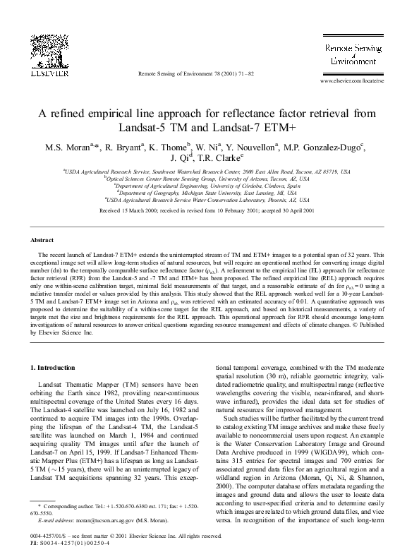 (PDF) A refined empirical line approach for reflectance factor retrieval from Landsat-5 TM and ...