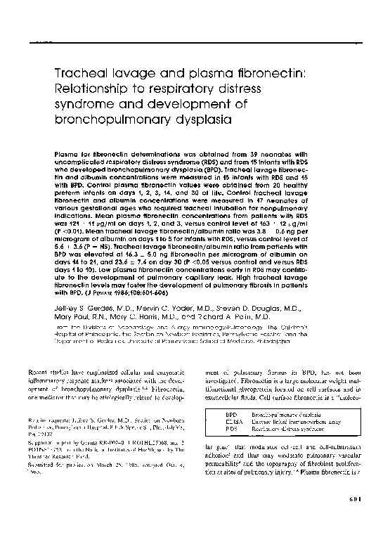 (PDF) Tracheal lavage and plasma fibronectin: Relationship to ...