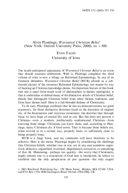 (PDF) Alvin Plantinga's Warranted Christian Belief