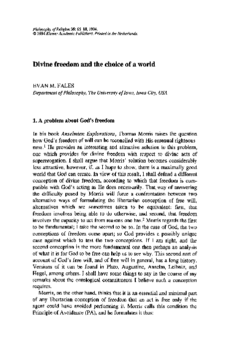 (PDF) Divine freedom and the choice of a world