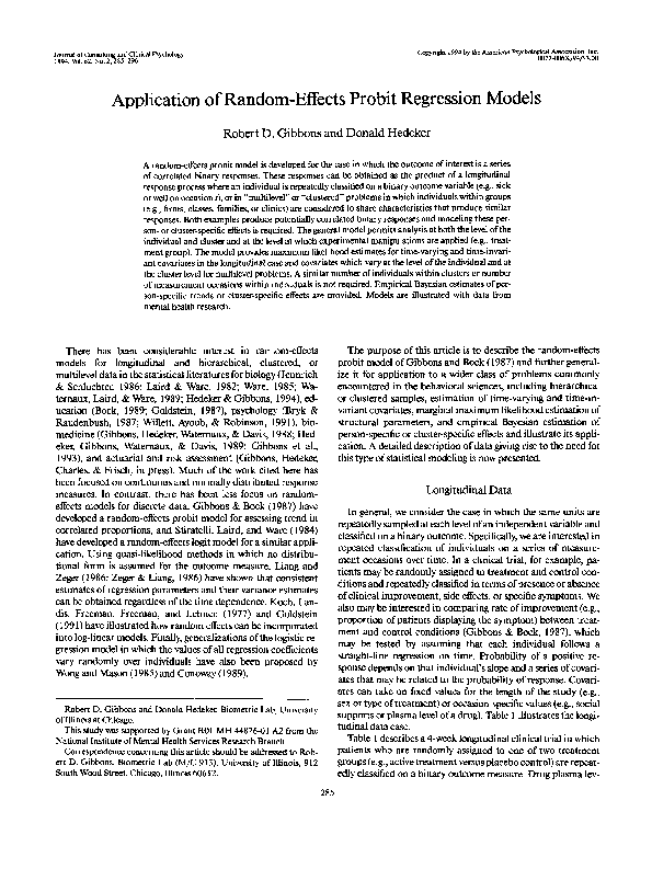 Pdf Application Of Random Effects Probit Regression Models