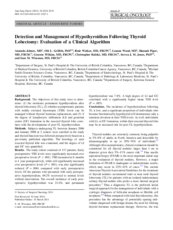 (PDF) Detection and Management of Hypothyroidism Following Thyroid ...