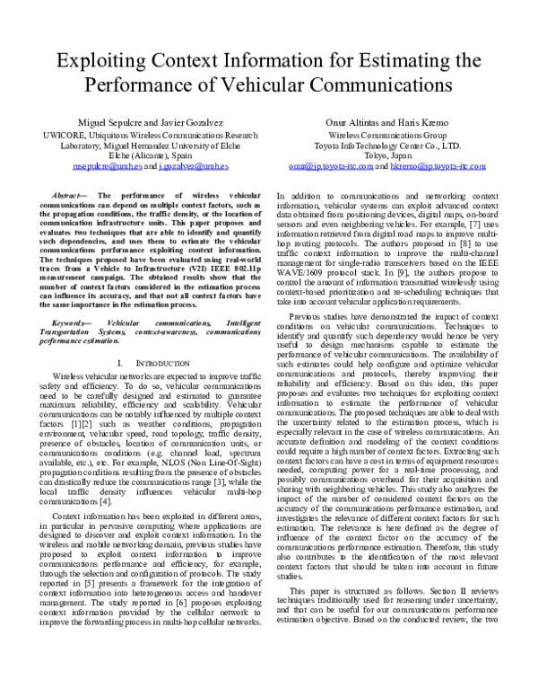(PDF) Exploiting context information for estimating the performance of vehicular communications