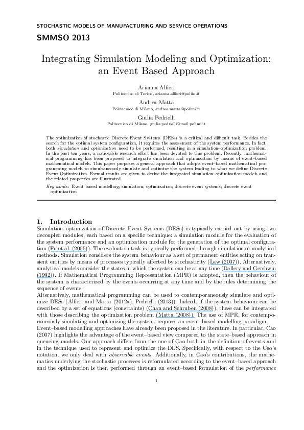 Pdf Integrating Simulation Modeling And Optimization An Event Based Approach