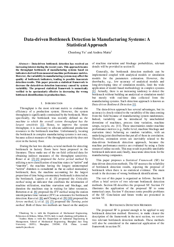 Pdf Data Driven Bottleneck Detection In Manufacturing Systems A Statistical Approach