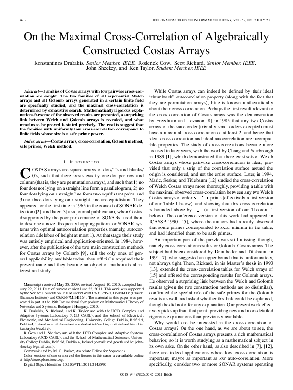 Pdf On The Maximal Cross Correlation Of Algebraically Constructed Costas Arrays
