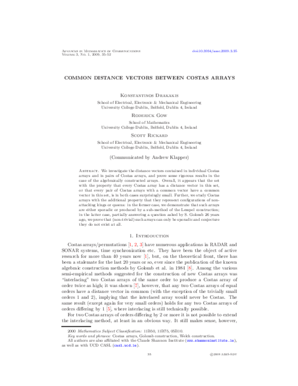 (PDF) Common distance vectors between Costas arrays