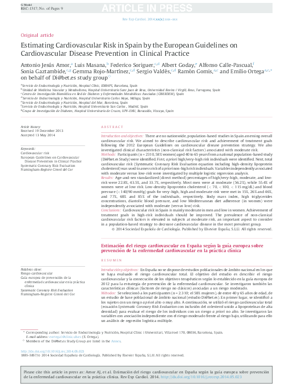 (PDF) Estimating Cardiovascular Risk in Spain by the European ...