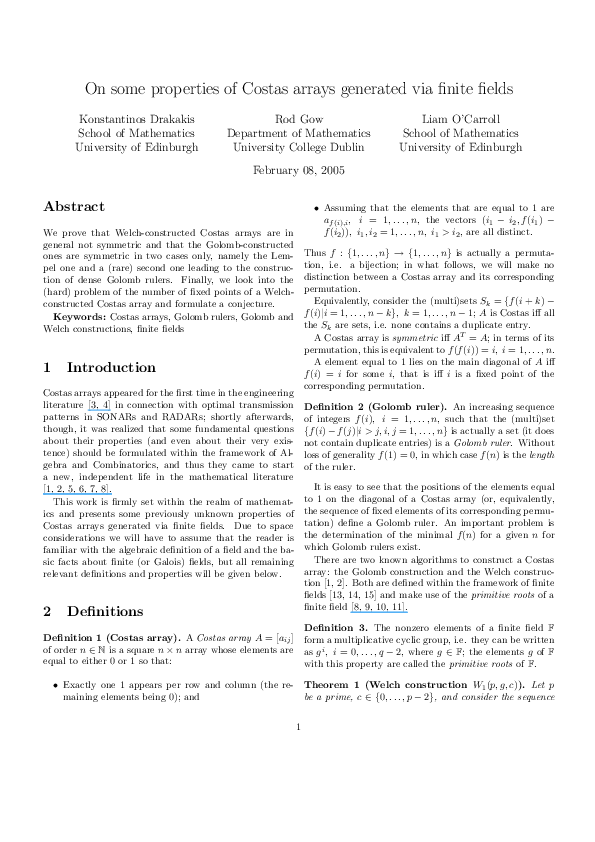 (PDF) On some properties of Costas arrays generated via finite fields