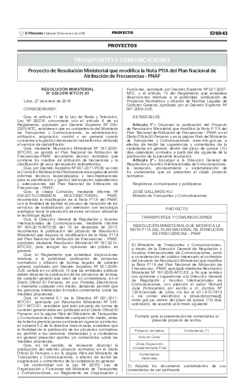 (PDF) El Peruano / PROYECTOS TRANSPORTES Y COMUNICACIONES Proyecto de ...