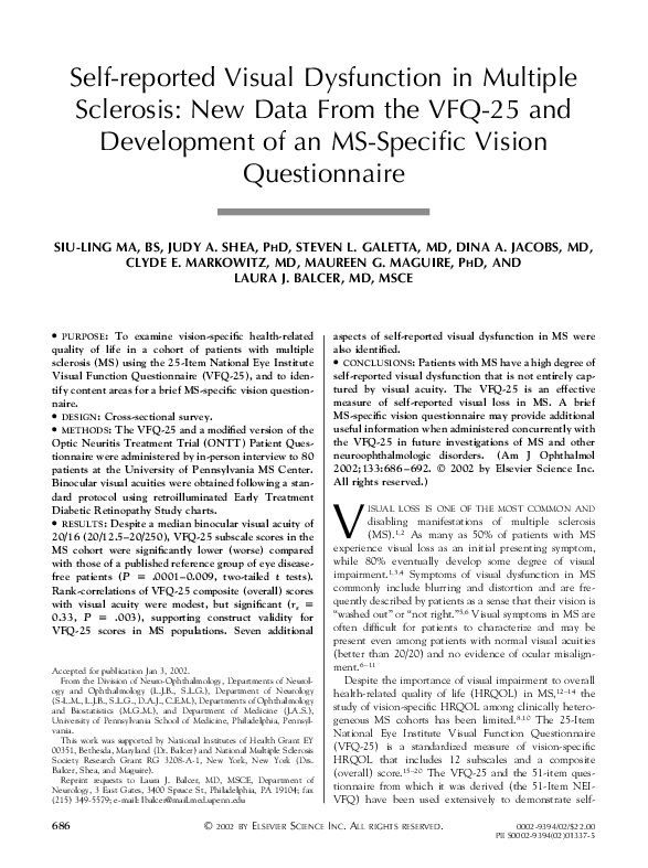 (PDF) Self-reported visual dysfunction in multiple sclerosis: new data ...