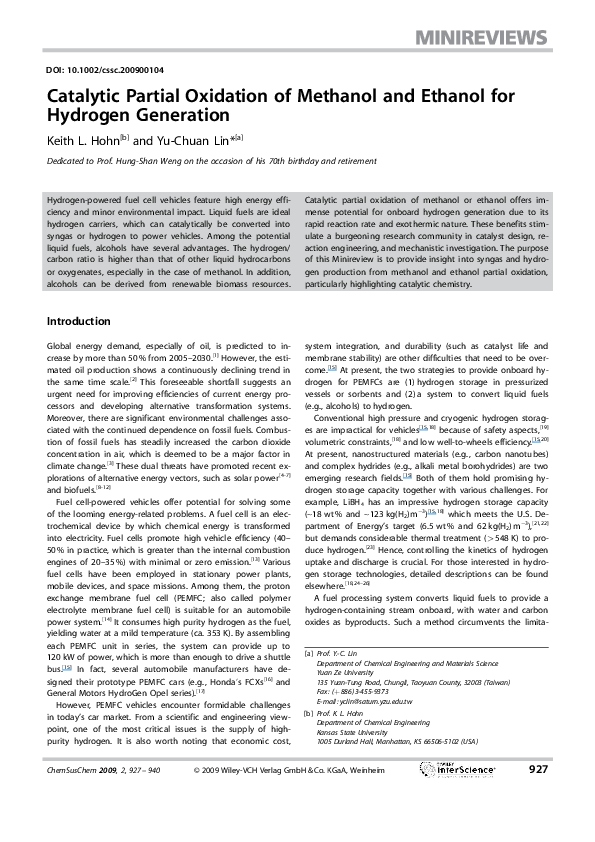 (PDF) Catalytic Partial Oxidation of Methanol and Ethanol for Hydrogen ...