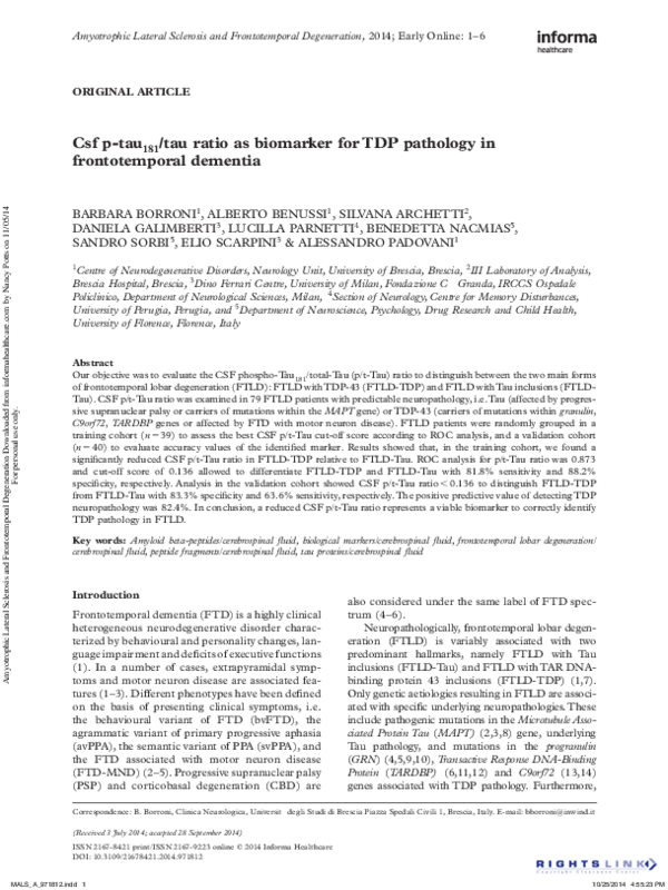 (PDF) Csf p-tau 181 /tau ratio as biomarker for TDP pathology in ...